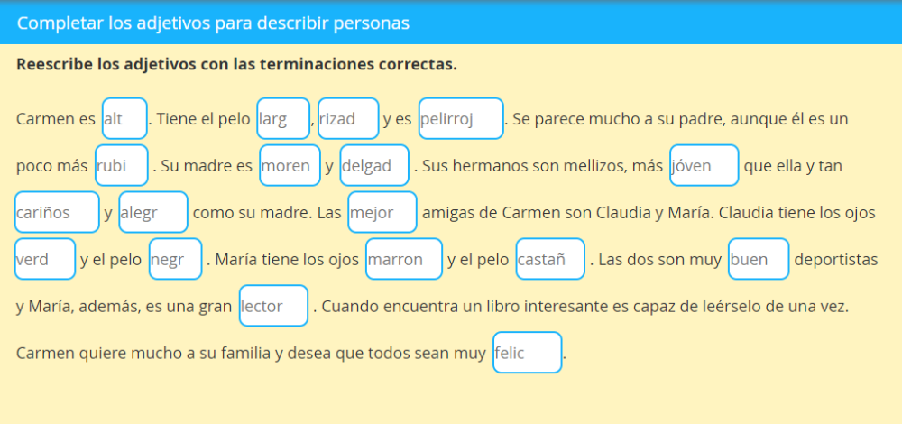 Completar los adjetivos para describir personas - Escola Virtual